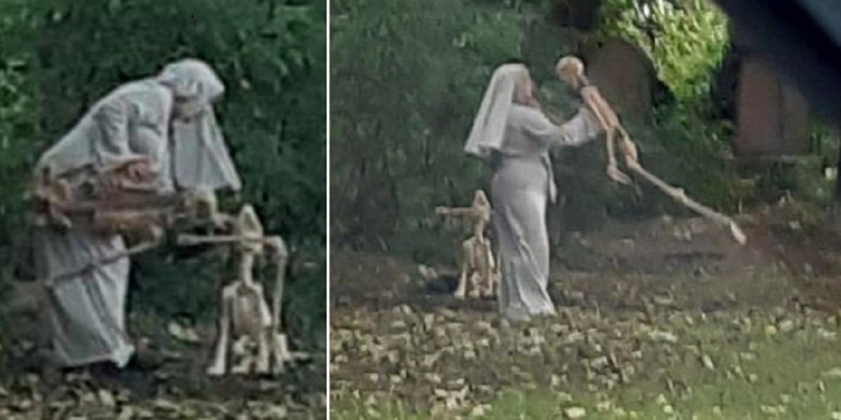 Next to the graveyard, a 'nun' was spotted dancing with a skeleton