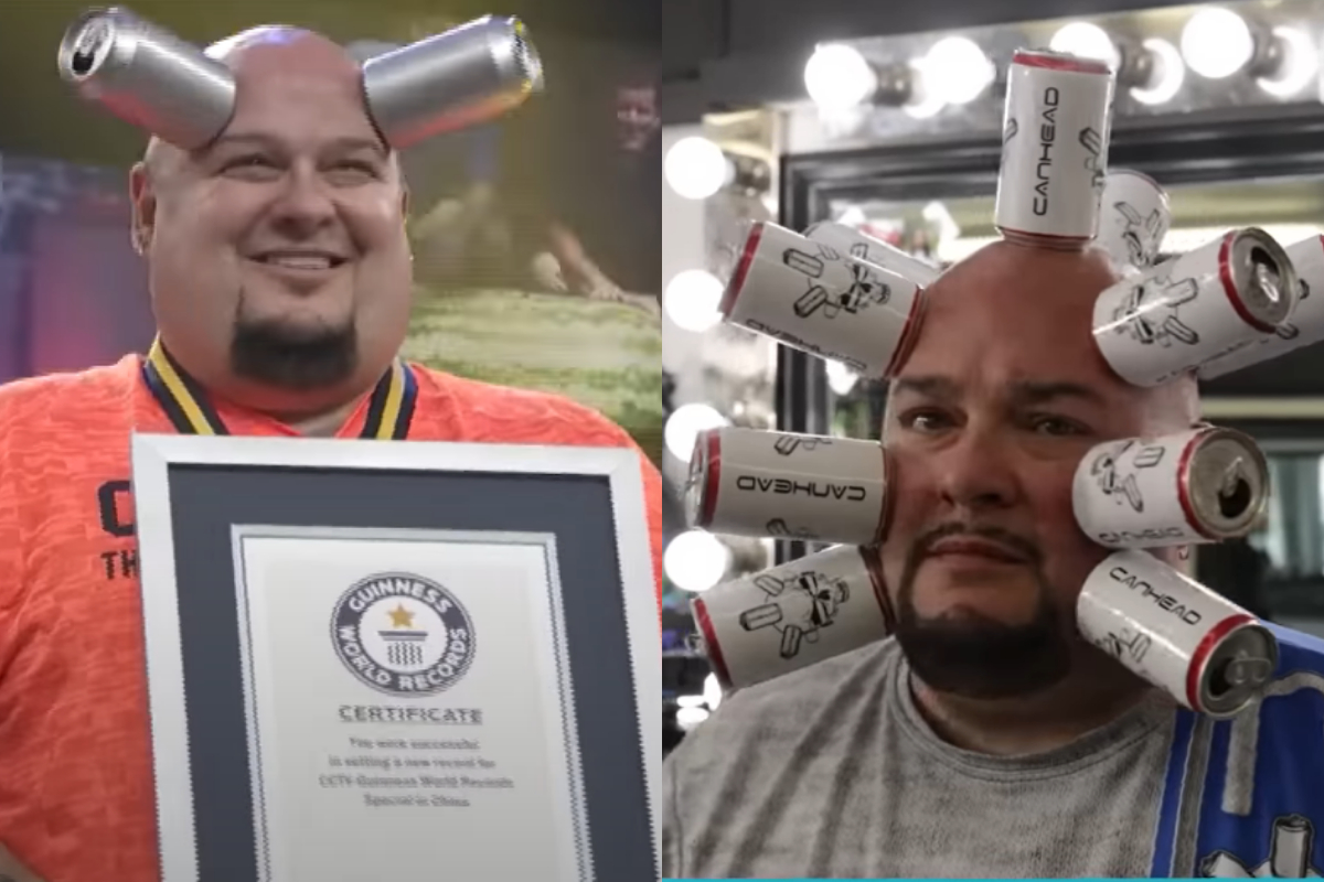 "Real life mutant": Man sets record for holding most number of cans on head