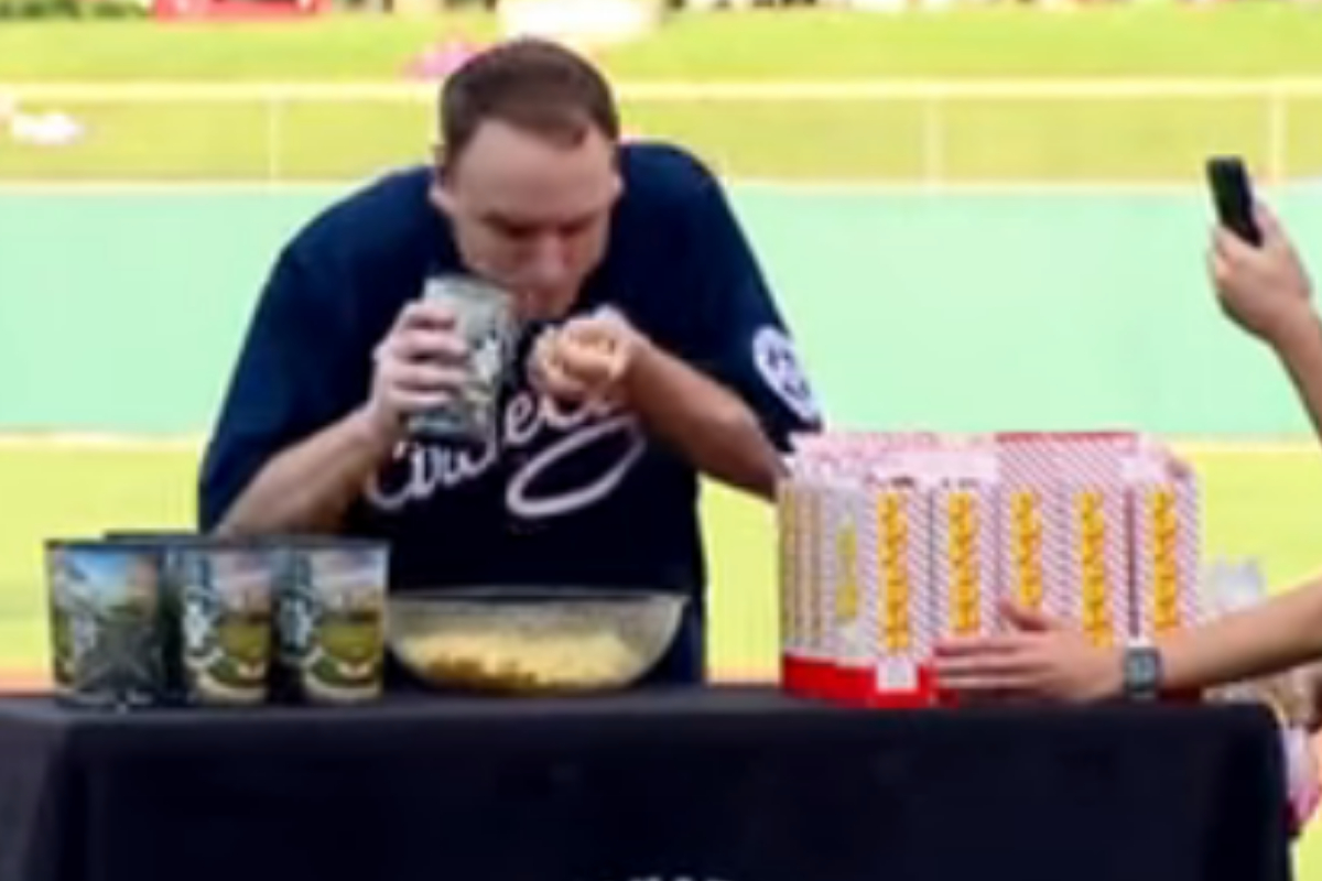 Joey Chestnut sets a new world record for eating popcorn