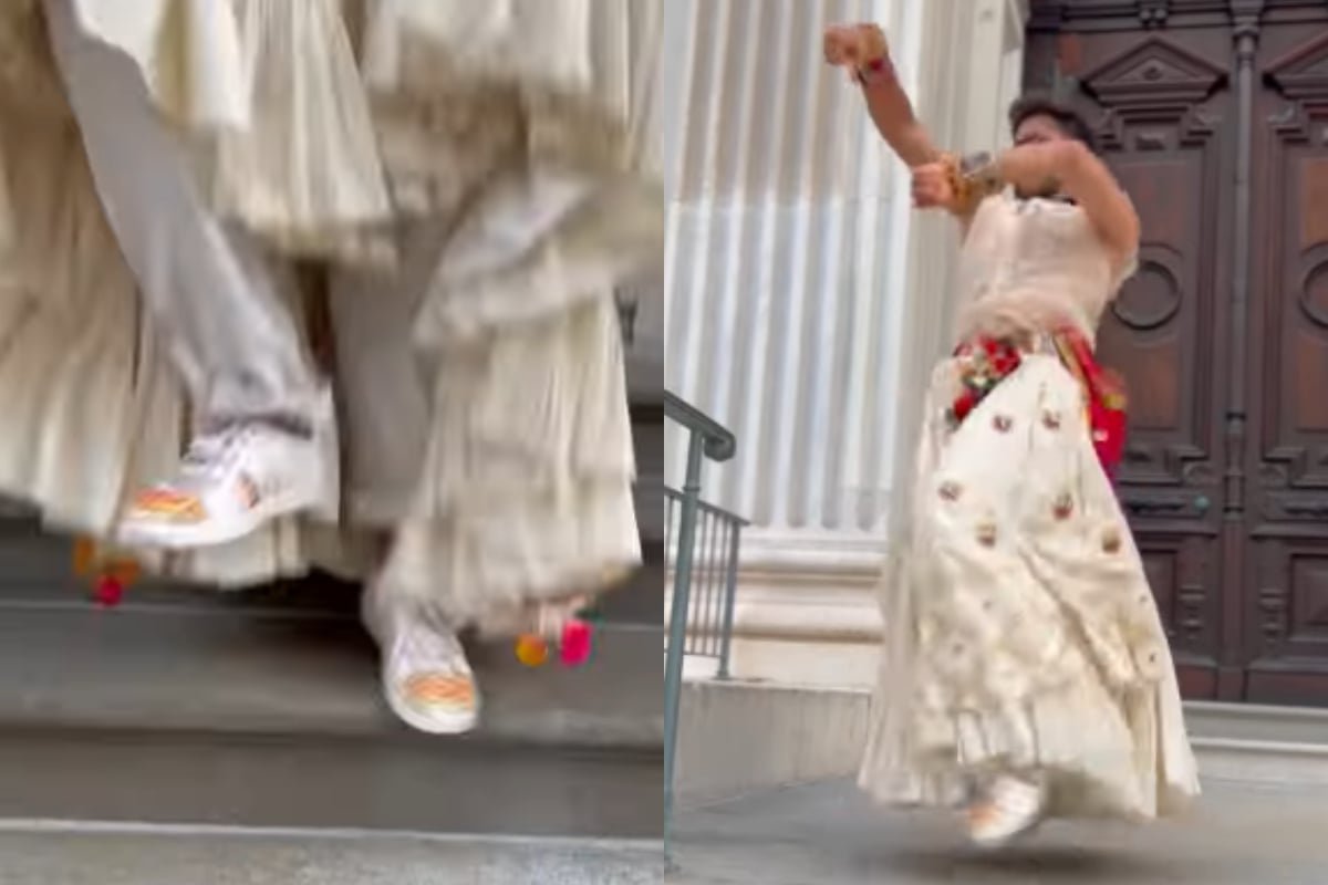 Man wears ghagra & sneakers dances to Dholi Taro in NY streets