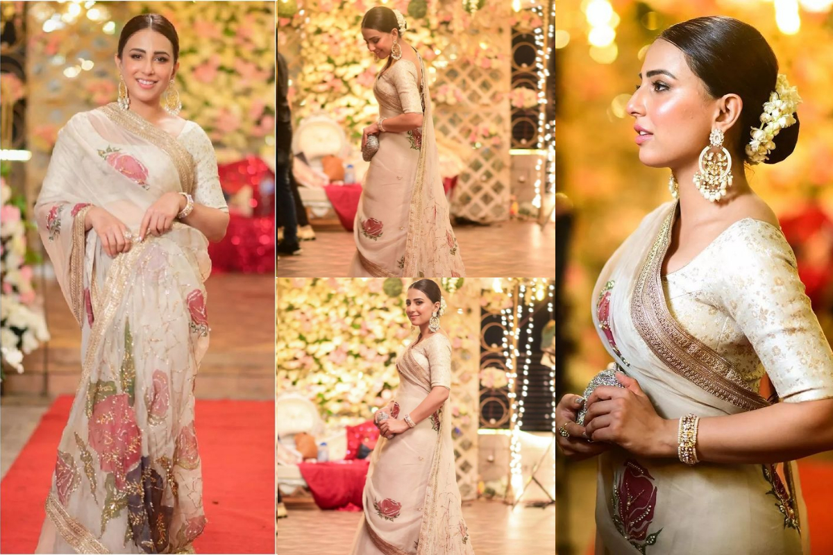 Ushna Shah dons Ivory and gold saree with unique style