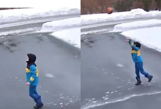 Boy tries to play basketball when Weather it's very cold goes viral