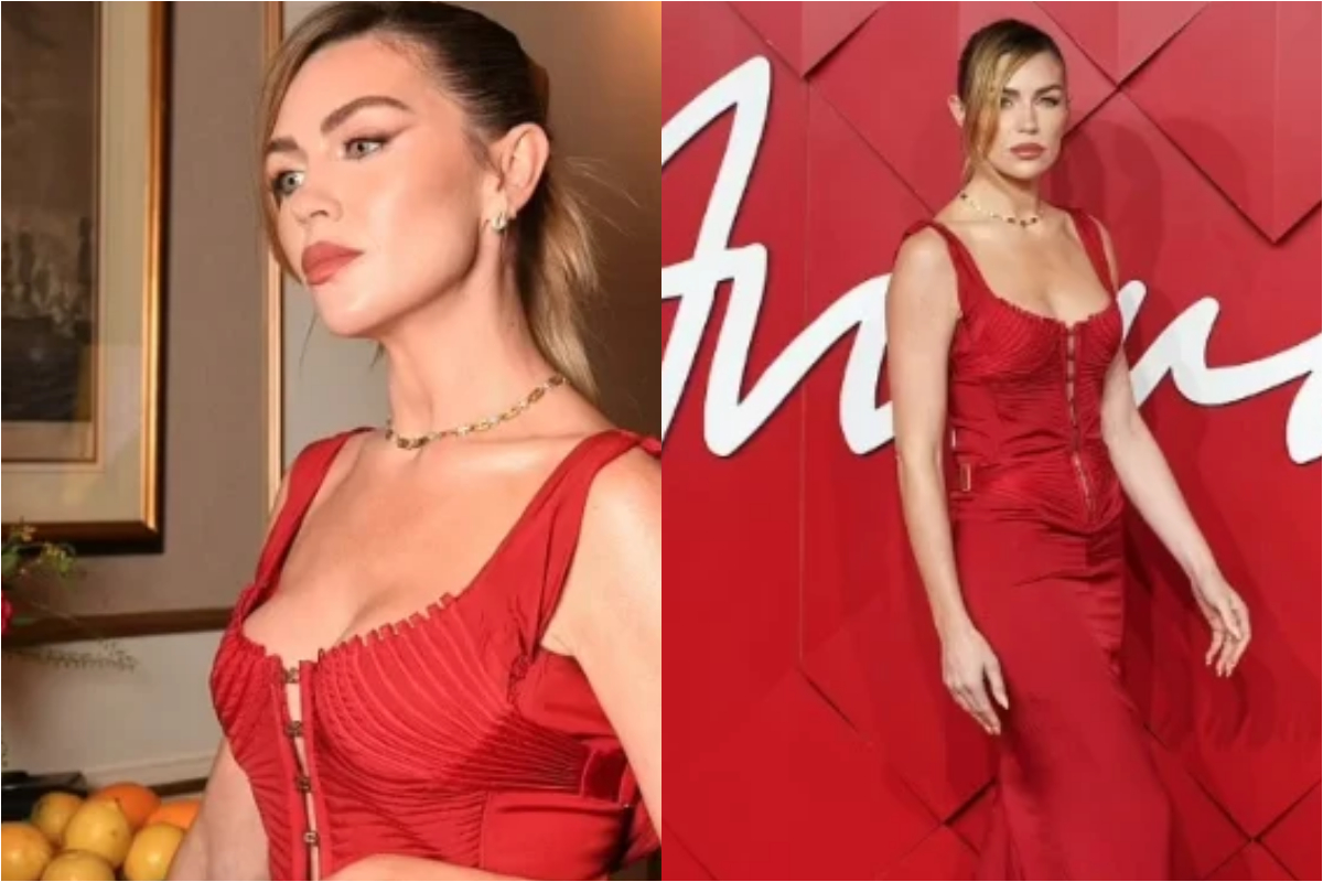 Abbey Clancy shows off her slim figure in bright red dress at British ...