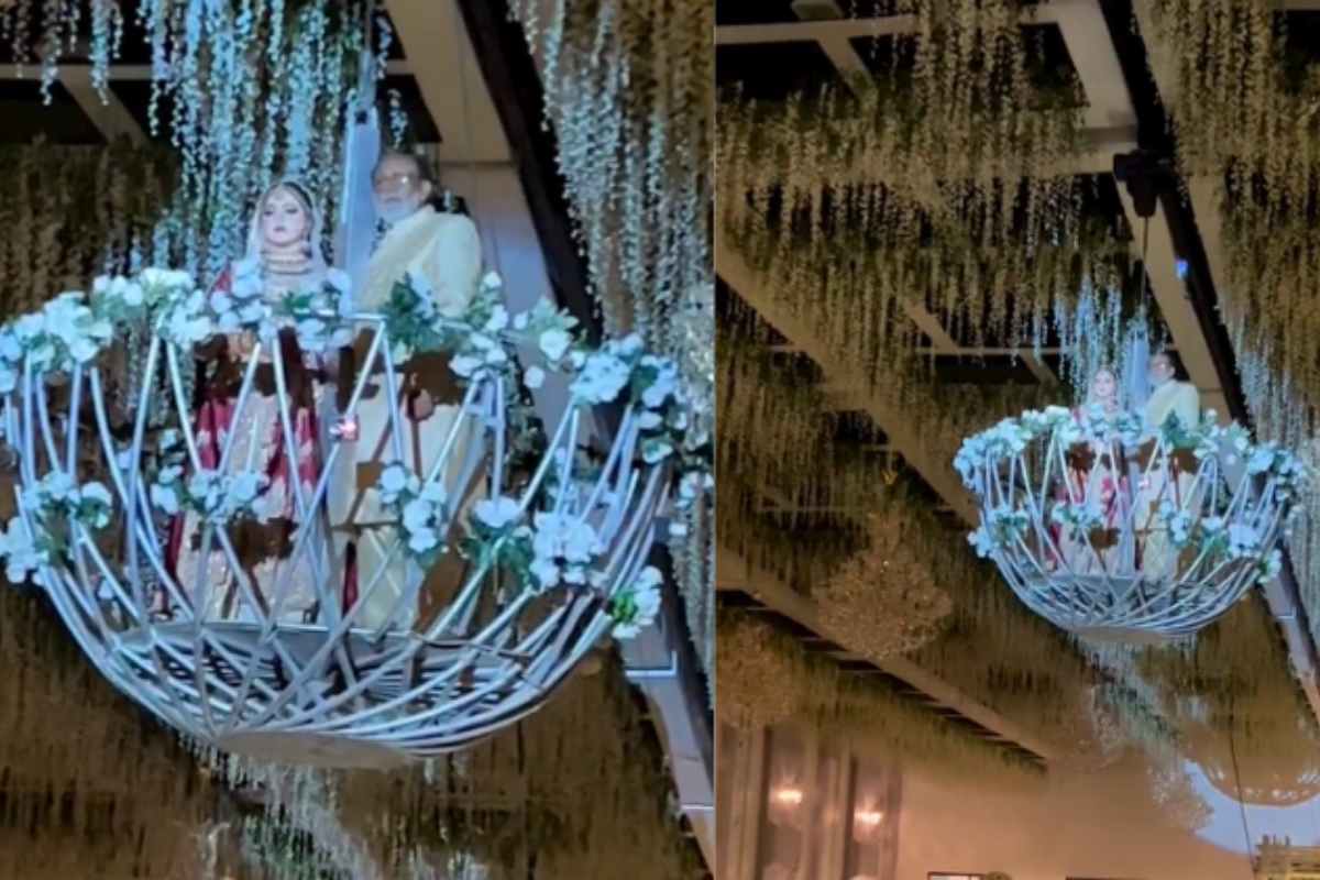 Bride arrives on ceiling-mounted movable platform: Viral Video
